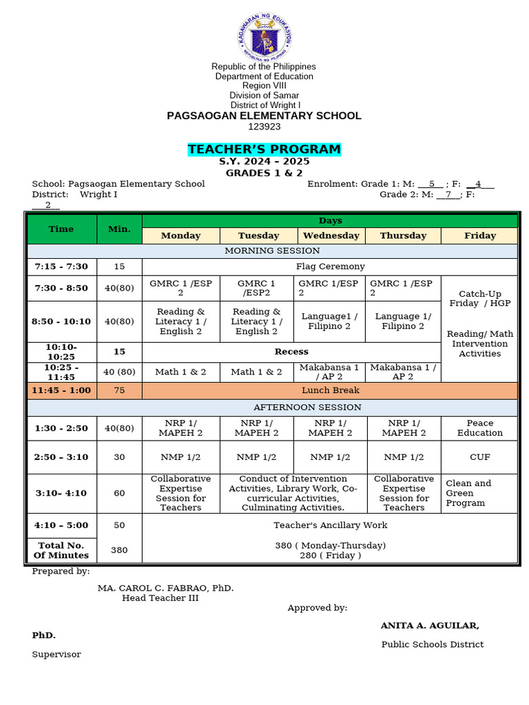 Class Program 2024 2025 Grade 1&2 | PDF | Learning | Behavior Modification
