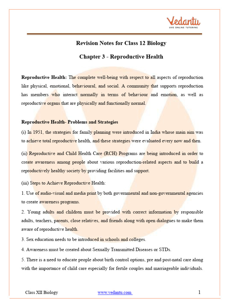 Reproductive Health Class 12 Notes CBSE Biology Chapter 3 (PDF) | PDF ...