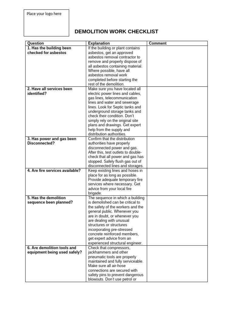 Demolition Work Checklist | PDF | Demolition | Scaffolding