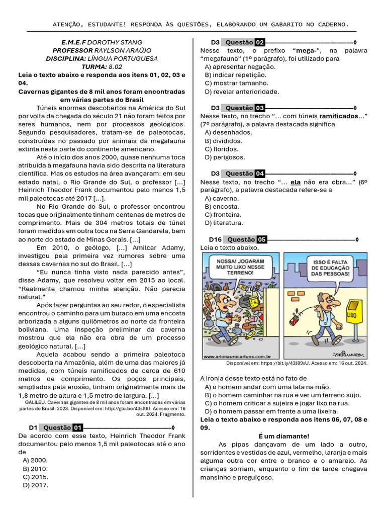 Atividade Oitavo Ano Língua Portuguesa | PDF | Megafauna