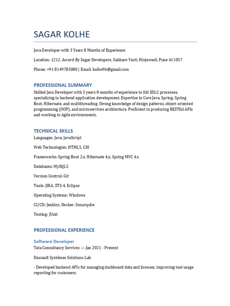 ATS Friendly Sagar Kolhe Resume | PDF | Java (Programming Language) | Software Development
