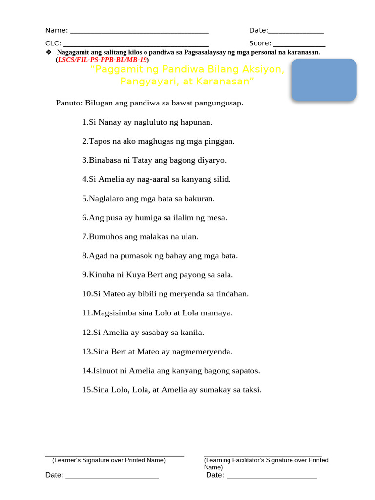 LS1 Fil. Worksheets-JHS (Paggamit NG Pandiwa Bilang Aksiyon, Pangyayari ...