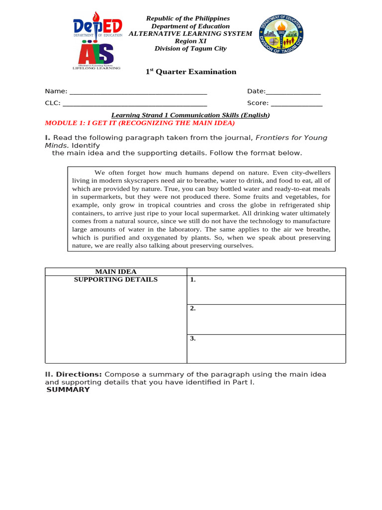 1st Quarter Exam UNESCO MODULES Test Questions | PDF