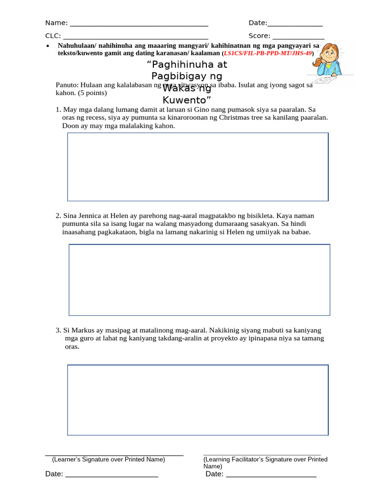 LS1 Fil. Worksheets-JHS (Paghihinuha at Pagbibigay NG Kuwento) | PDF