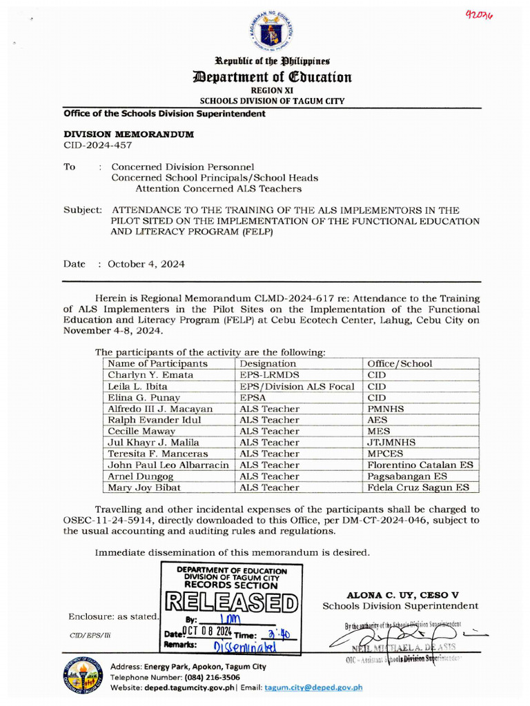 DM Cid 2024 457 10 08 2024 Attendance To The Training of The Als ...