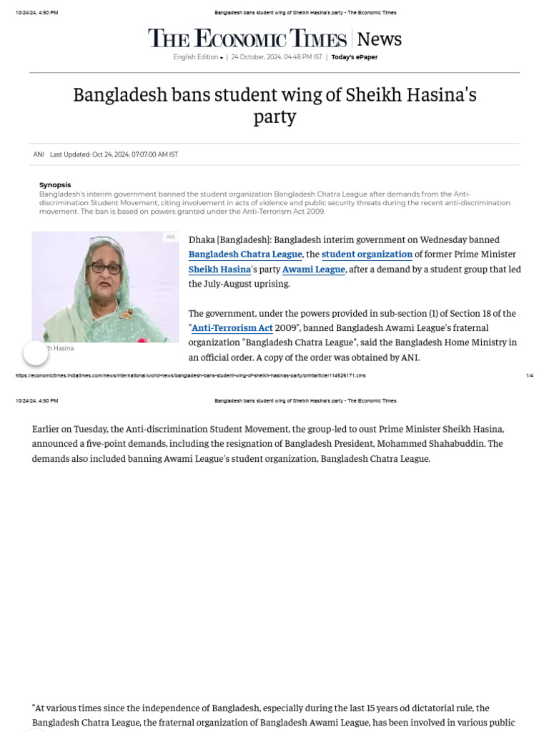 Bangladesh bans student wing of Sheikh Hasina's party - The Economic Times | PDF | Bangladesh ...
