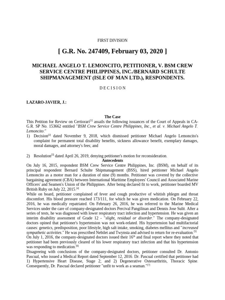 Lemoncito v. BSM Crew Service Centre Philippines | PDF | Hypertension ...