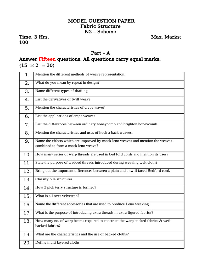 Fabric Structure and Manufacture Exam Guide | PDF | Loom | Weaving