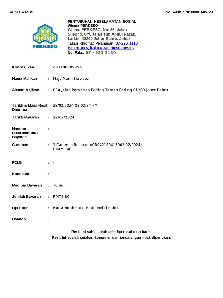 Receipt PERKESO | PDF