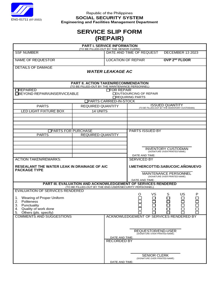 Service Slip Form (Repair) | PDF