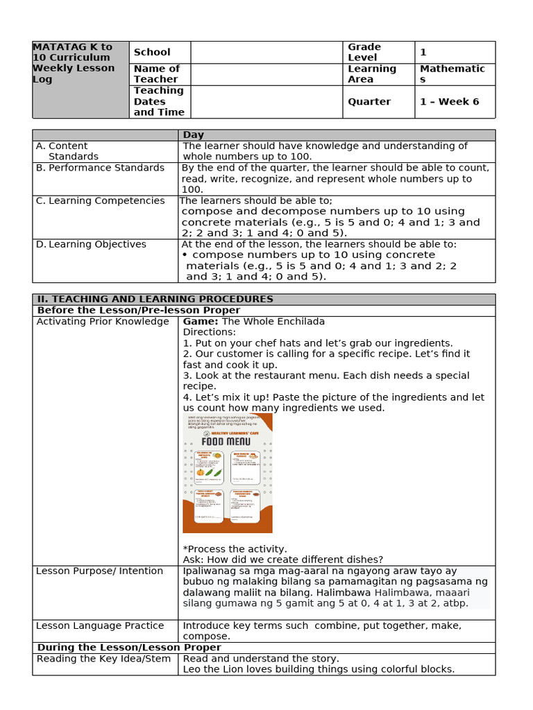 MATATAG Mathematics Quarter 1 Week 6 Day 1 | PDF | Learning | Human ...