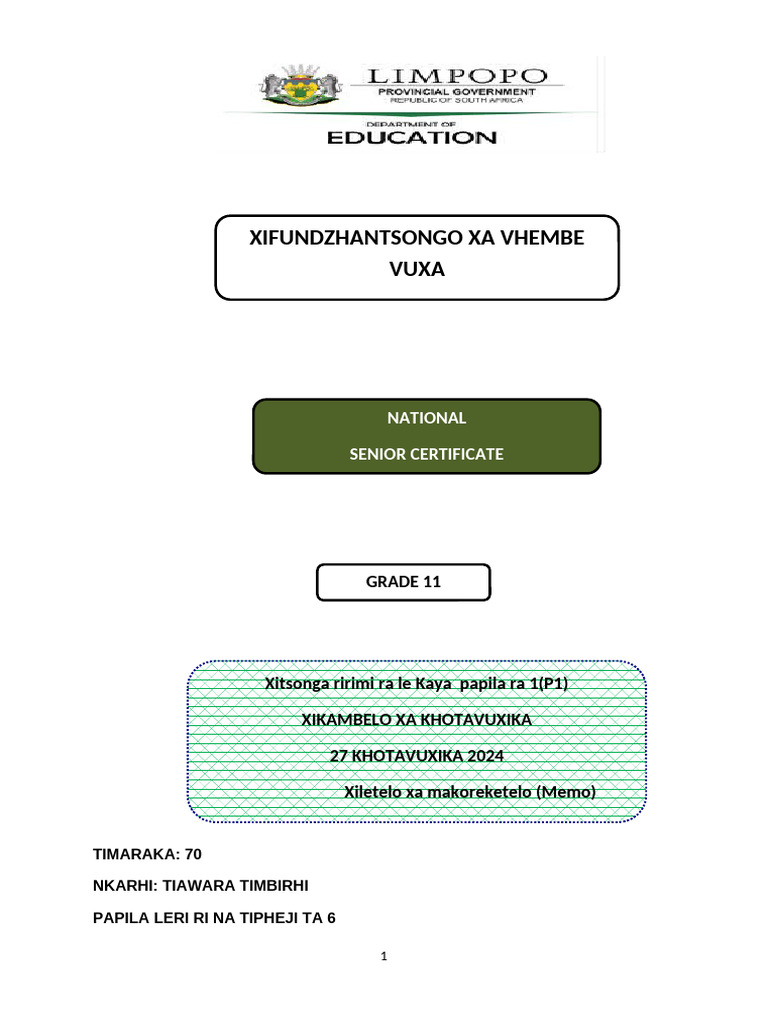 Xitsonga Memo Xiletelo Xa Makoreketelo Khotavuxika Giredi 11 | PDF