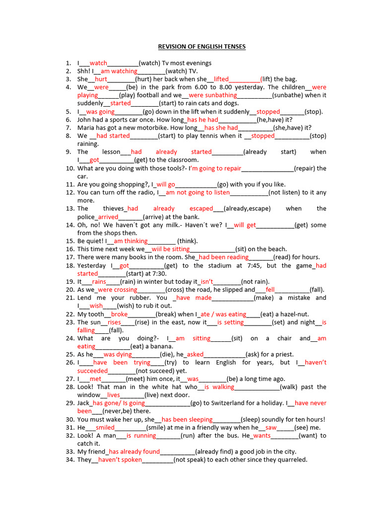 Answer Key - Revision of English Tenses | PDF