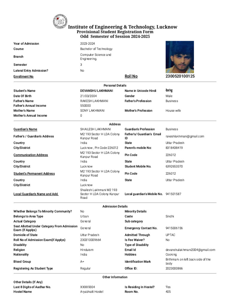 Institute of Engineering & Technology, Lucknow: Provisional Student Registration Form Odd ...