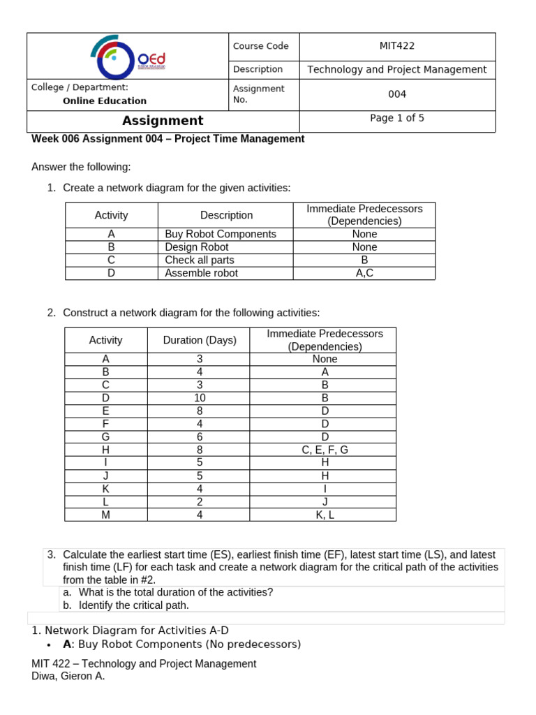 Project Time Management Network Diagrams | PDF | Systems Thinking ...