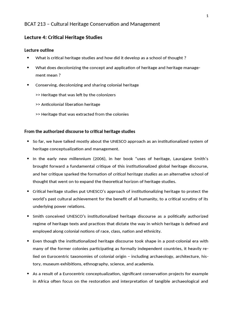 BCAT 213 2324 Lecture 4 Critical Heritage Studies | PDF | Colonialism ...