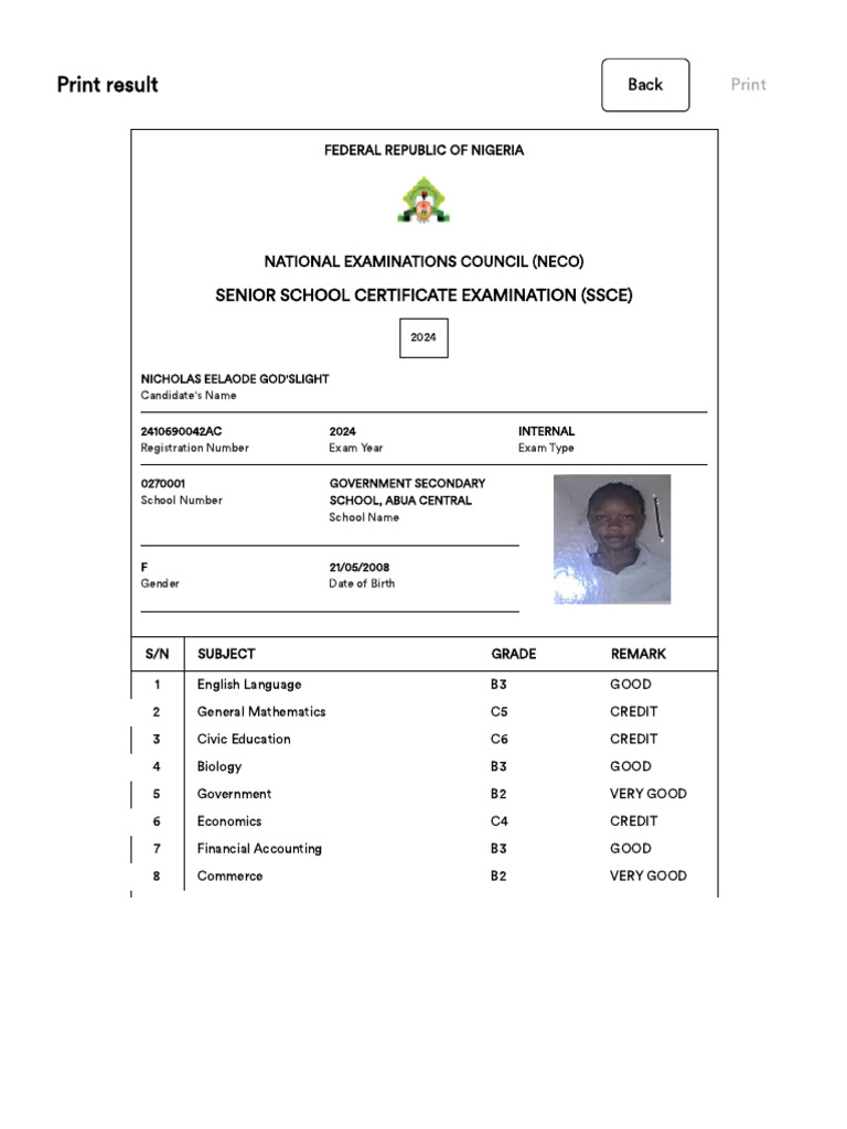 NECO Results Portal | PDF