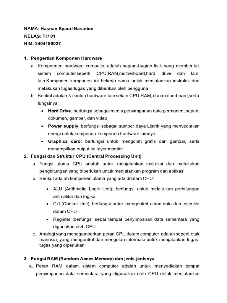 Komponen Hardware dan Fungsinya | PDF | Komputer