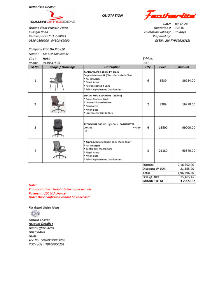 Quotation-122 R1 Trac On Pro LLP | PDF | Furniture | Manufactured Goods