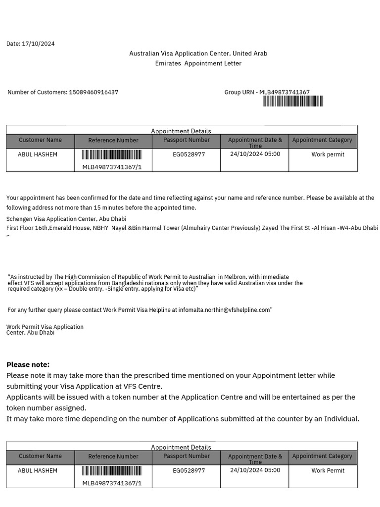VFS Appointment Letter PDF | PDF | Travel Visa | Occupational Safety ...