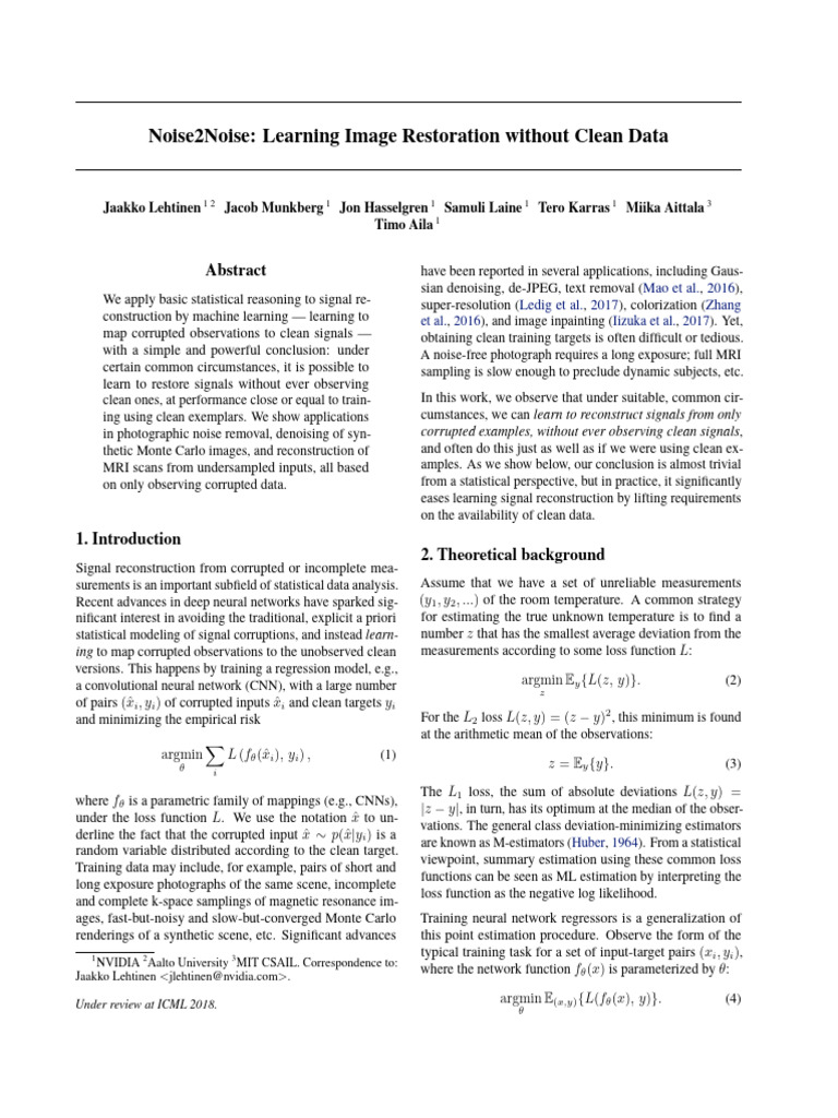 Noise2Noise Learning Image Restoration Without Clean Data | PDF | Normal Distribution ...
