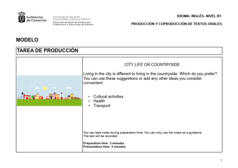 City vs Countryside: Oral Task B1 | PDF