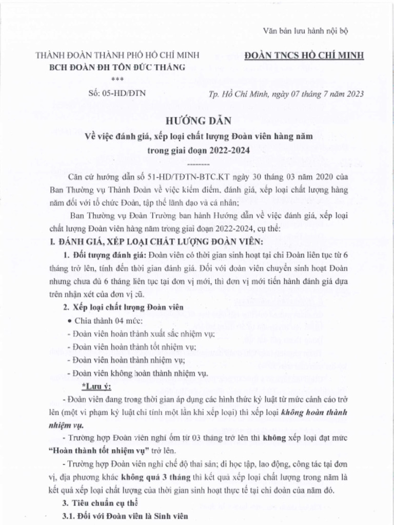 HD05 Danh Gia Chat Lương Xep Loai Doan Vien Giai Doan 2020 2024. | PDF