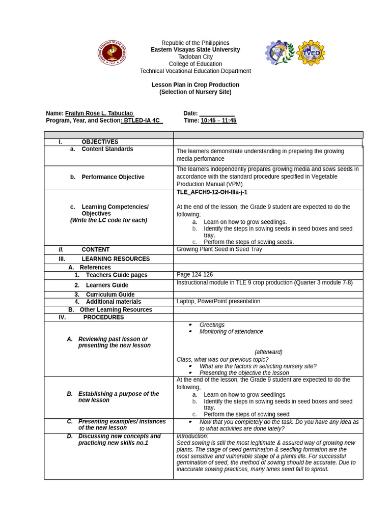 LP ON TLE 9 (GPSST) | PDF | Sowing | Seed