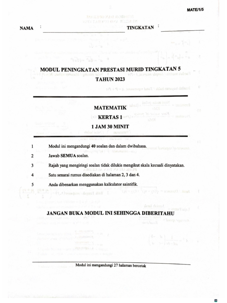 2023 Kedah Matematik K1 Pdf