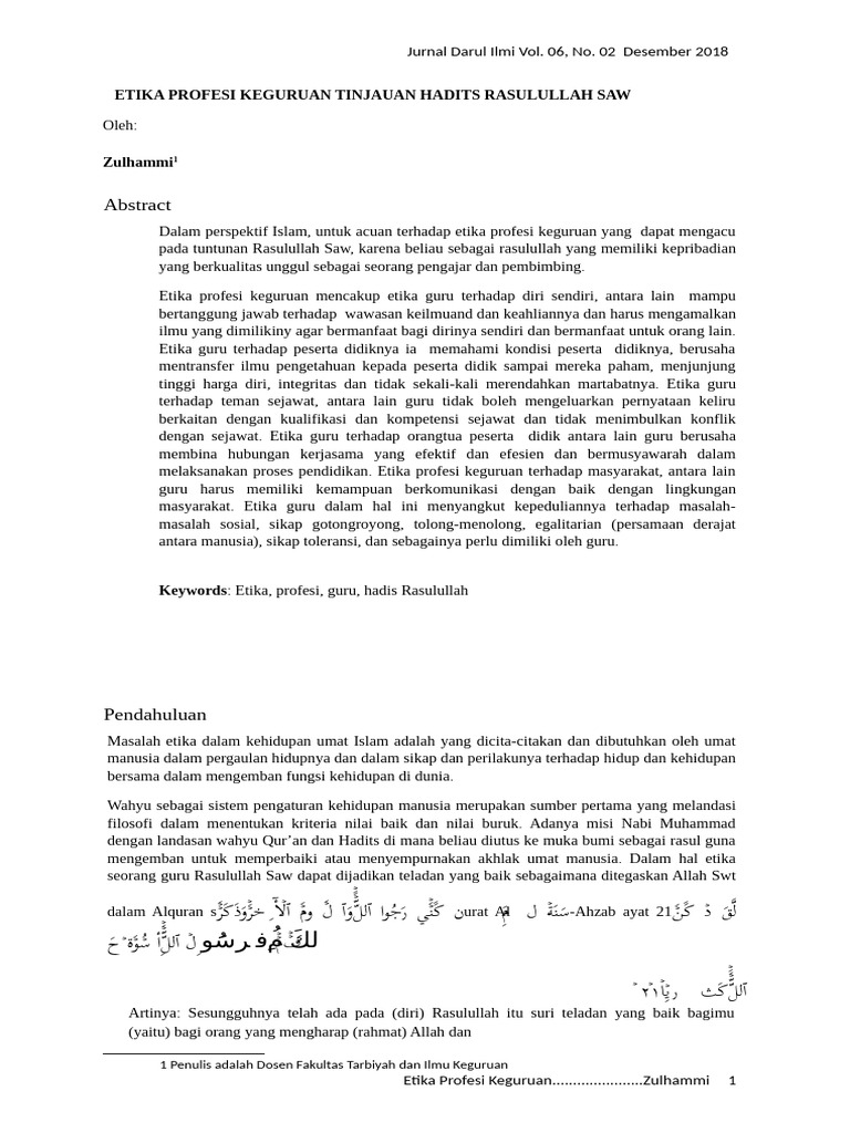 Etika Profesi Keguruan Tinjauan Hadits Rasulullah Saw | PDF