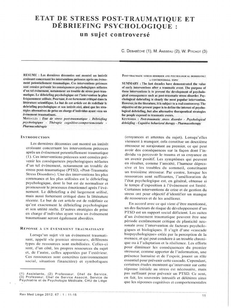 Etat de Stress Post-Traumatique Et Débriefing Psychologique, Un Sujet ...