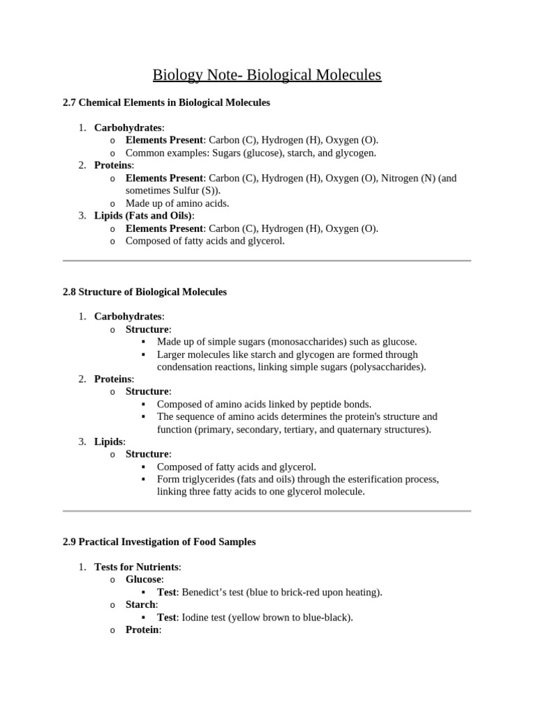 Biology Note - Biological Molecules | PDF | Wellness | Science ...