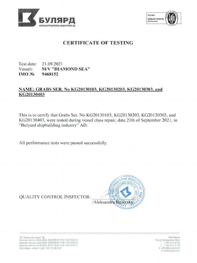 Certificate of Testing of The Ship's Grabs | PDF