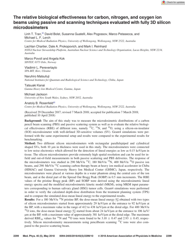 Tran SOI RBE Microdosimentry 2018 MedPhys | PDF | Dosimetry | Radiation