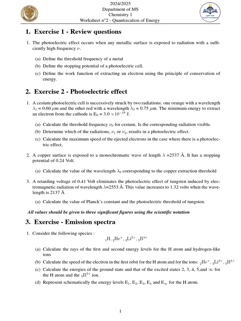 worksheet_2sm | PDF | Photoelectric Effect | Emission Spectrum