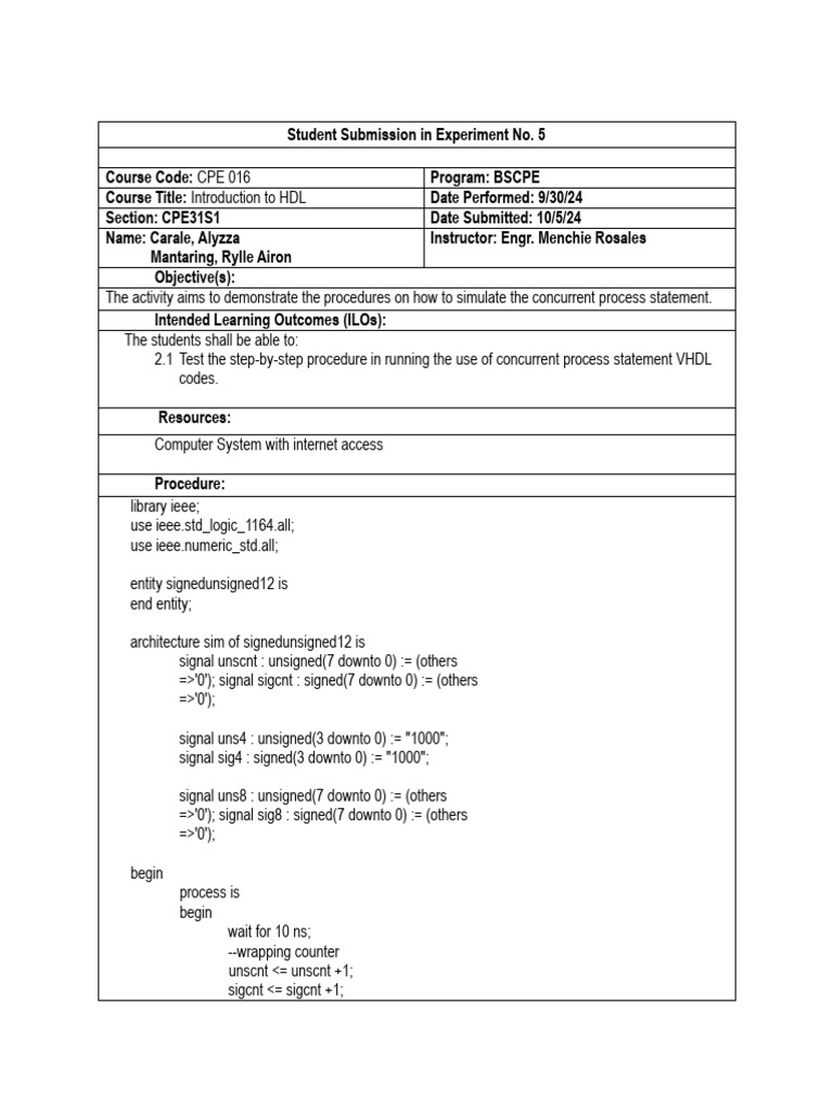 G6 - VHDL Experiment No. 5 | PDF | Vhdl | Computer Programming