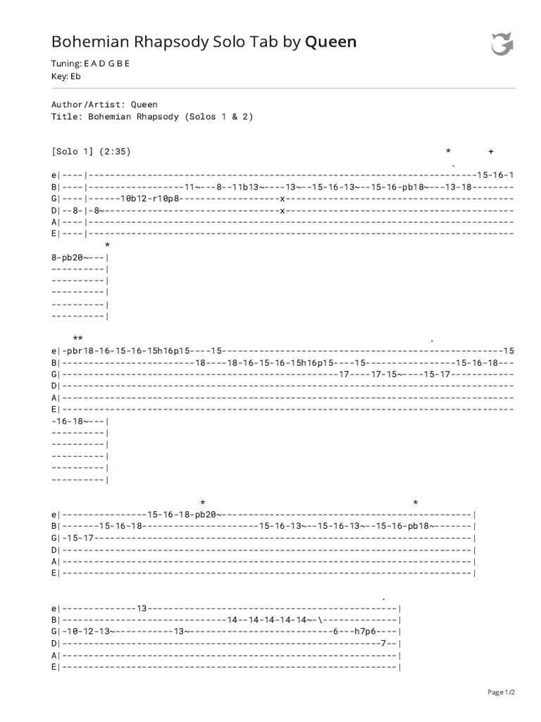 Bohemian Rhapsody Tab by Queentabs at Ultimate Guitar Archive | PDF ...