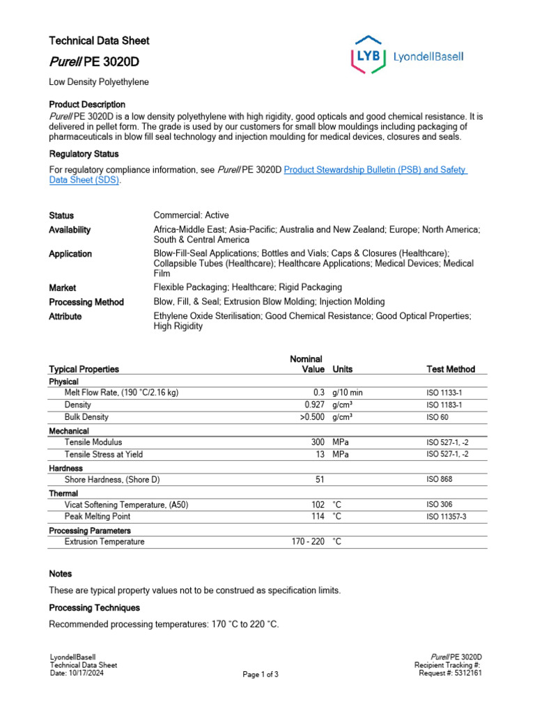 LDPE - Technical Data Sheet - IsO - Purell PE 3020D | PDF | Polyethylene | Combustion