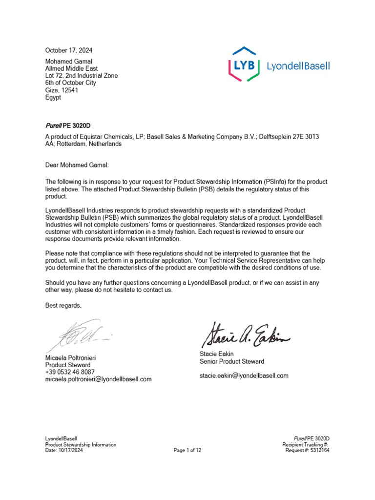 Purell PE 3020D Product Stewardship Info | PDF | Food Allergy | Medical ...