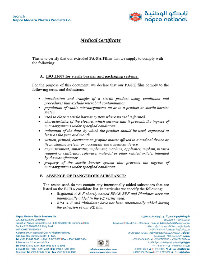 Medical and Biocomp Certificate PA-PE Medical | PDF | Medical Device ...