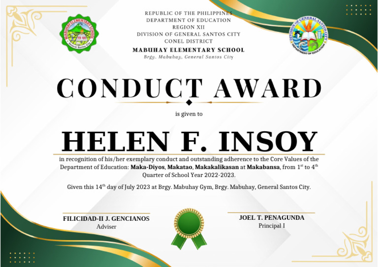 Certificate Conduct Award | PDF | Wellness
