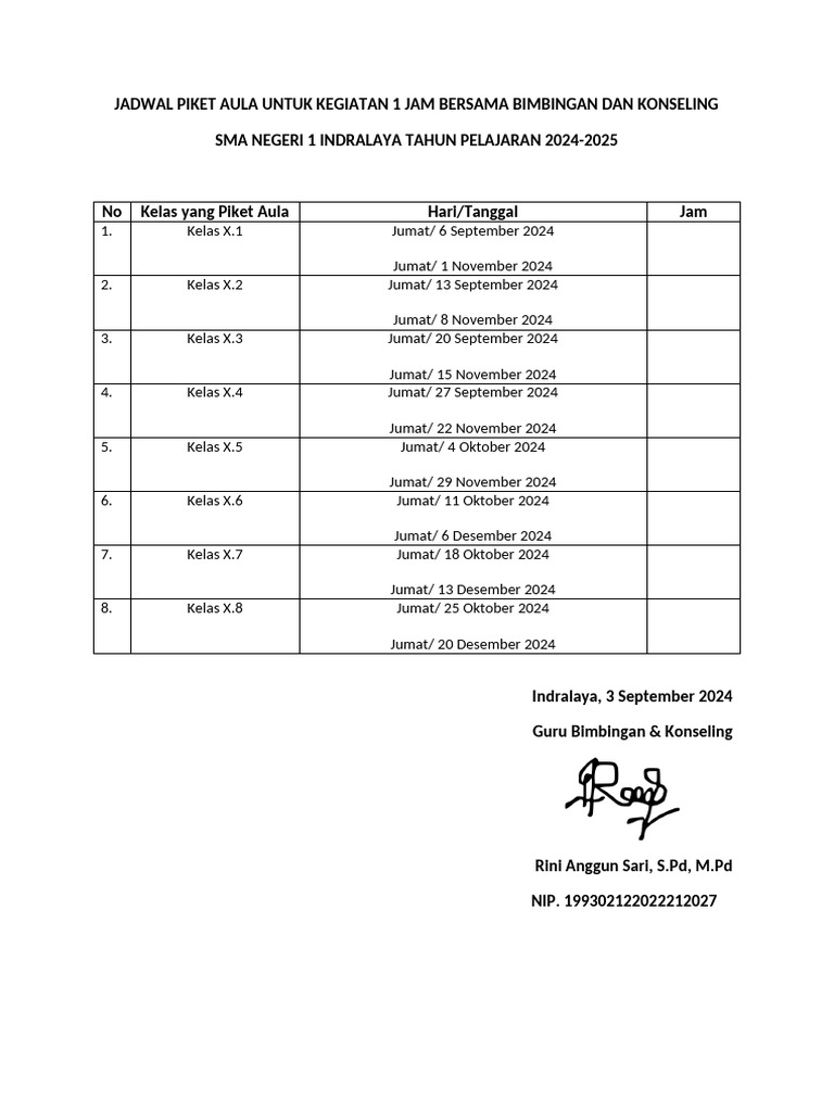 Jadwal Piket Aula Untuk Kegiatan 1 Jam Bersama Bimbingan Dan Konseling | PDF