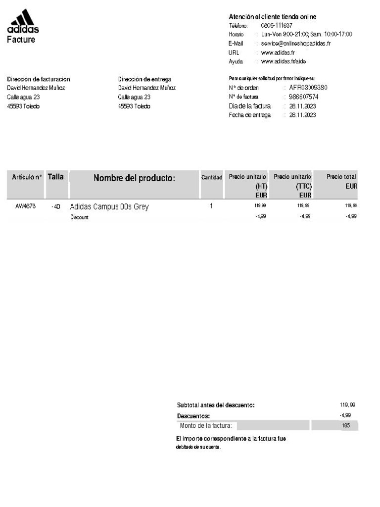 factura adidas | PDF