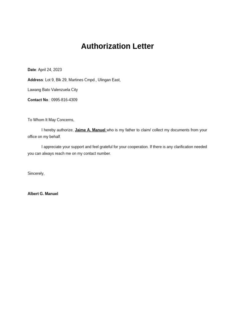 Authorization Letter for Document Claim | PDF | Law