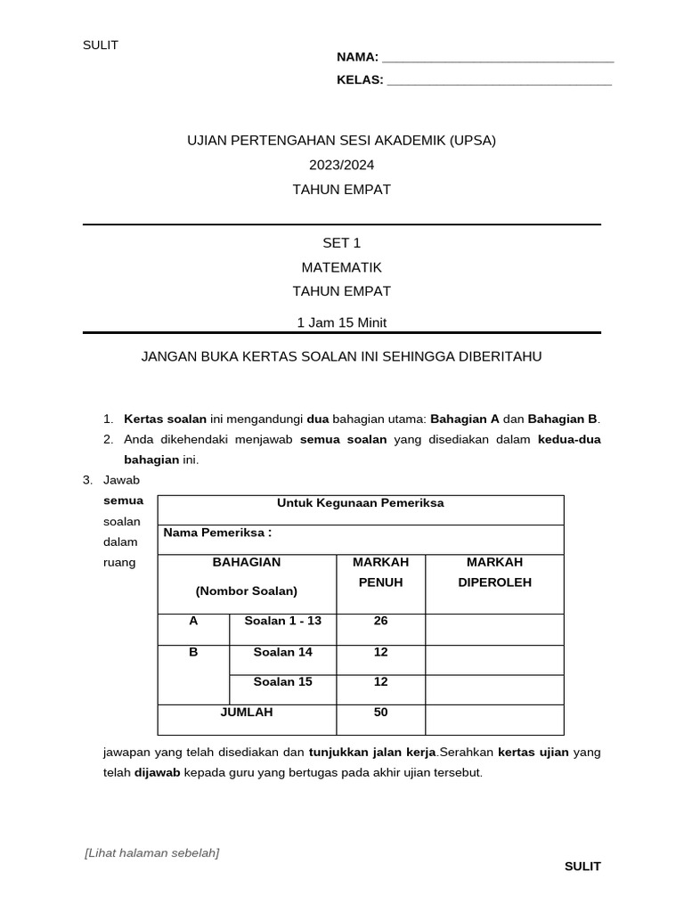 TP1481 - 2 Set Kertas Matematik Tahun 4 Upsa Sesi 202320244 | PDF