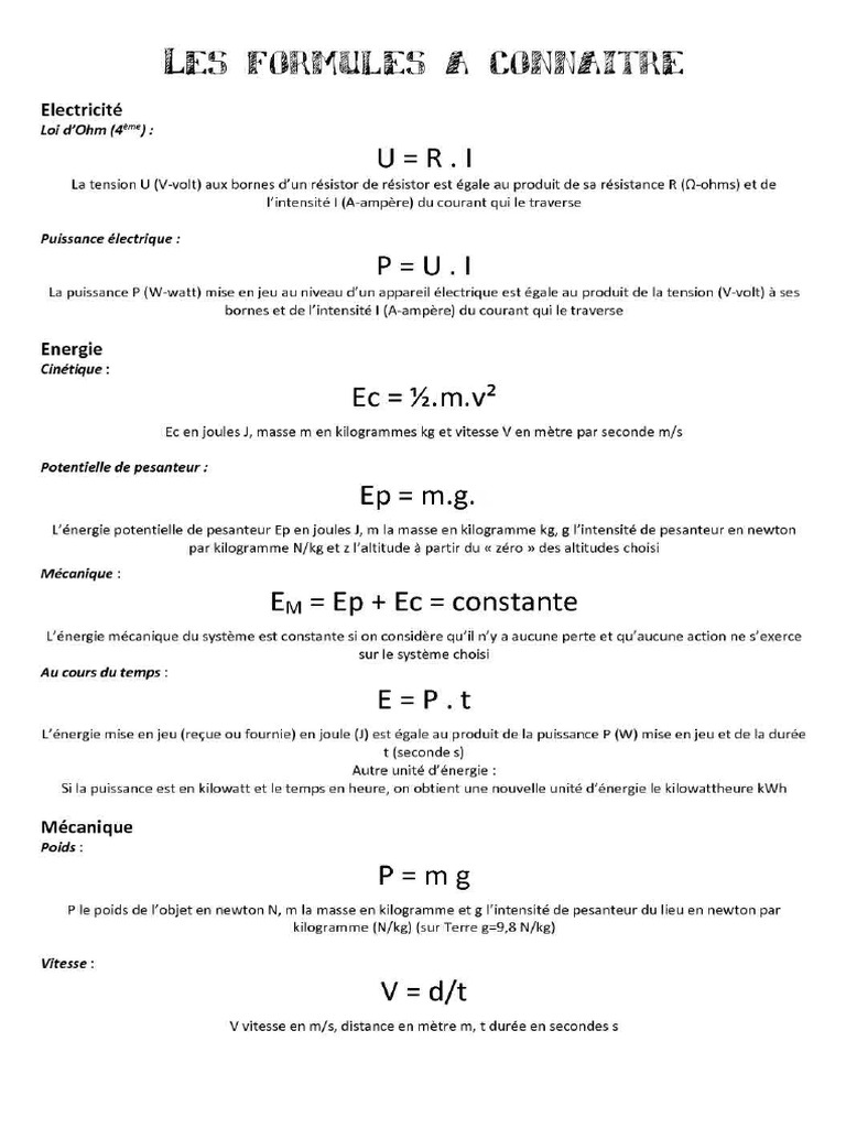 Formules de puissance et travail en physique | PDF | Méthodes et ...
