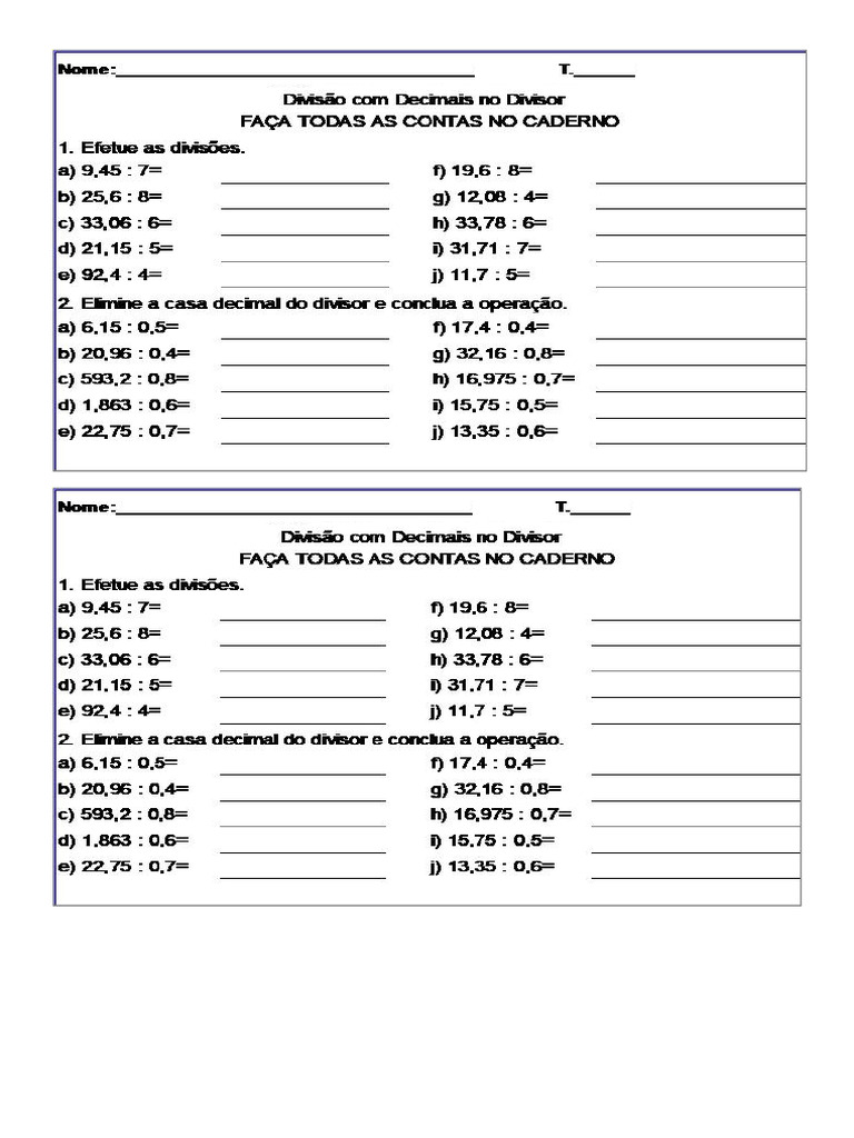 ATIVIDADE - Divisão Com Números Decimais | PDF