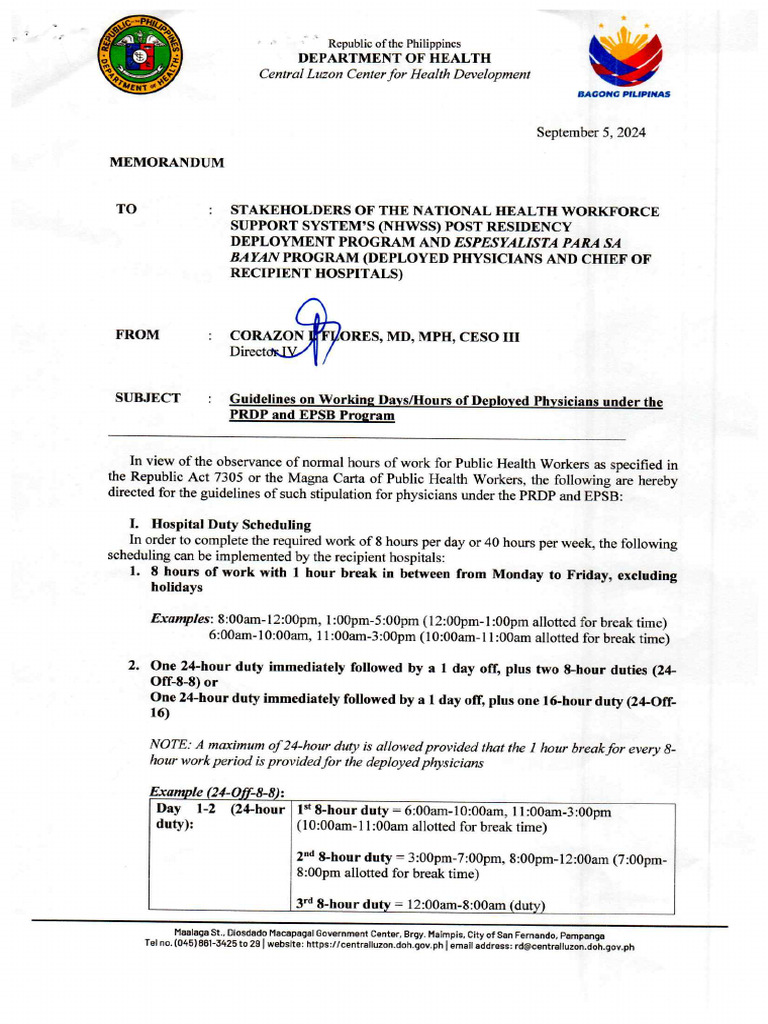 Memorandum - Guidelines On Working Days & Hours of Deployed Physicians ...