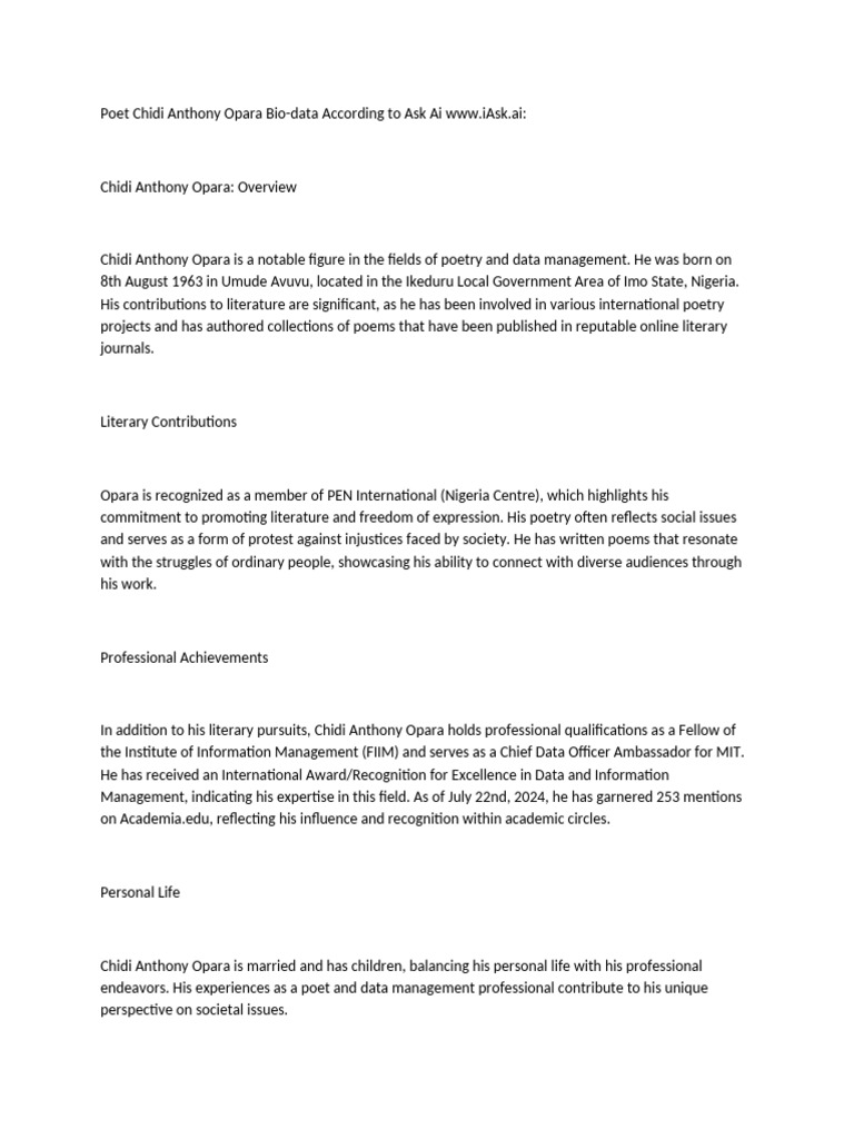 Poet Chidi Anthony Opara Bio-Data According To Ask Ai | PDF