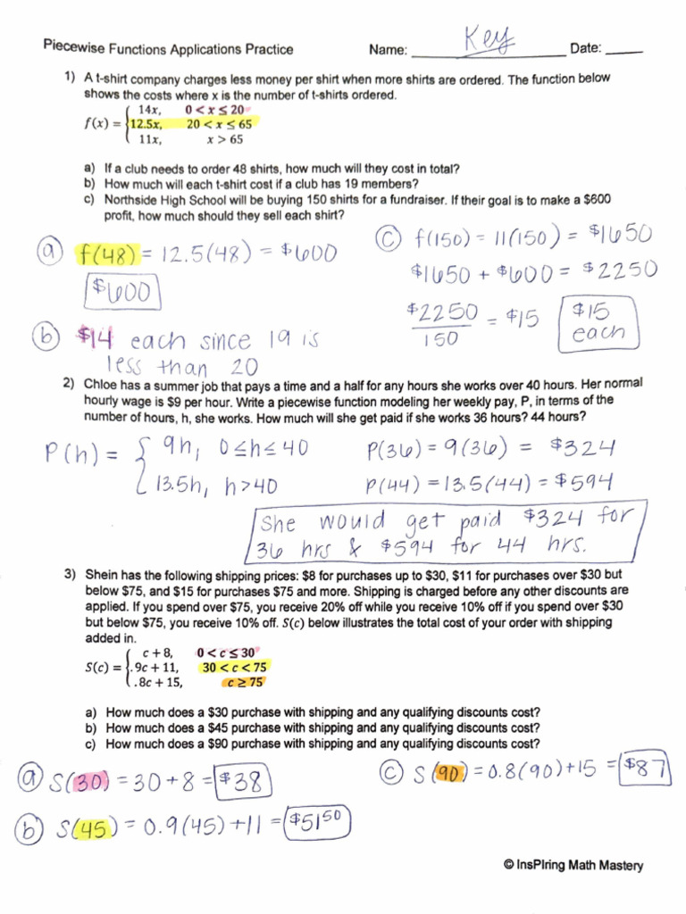 L Piecewise Functions Applications Practice #1 Key | PDF